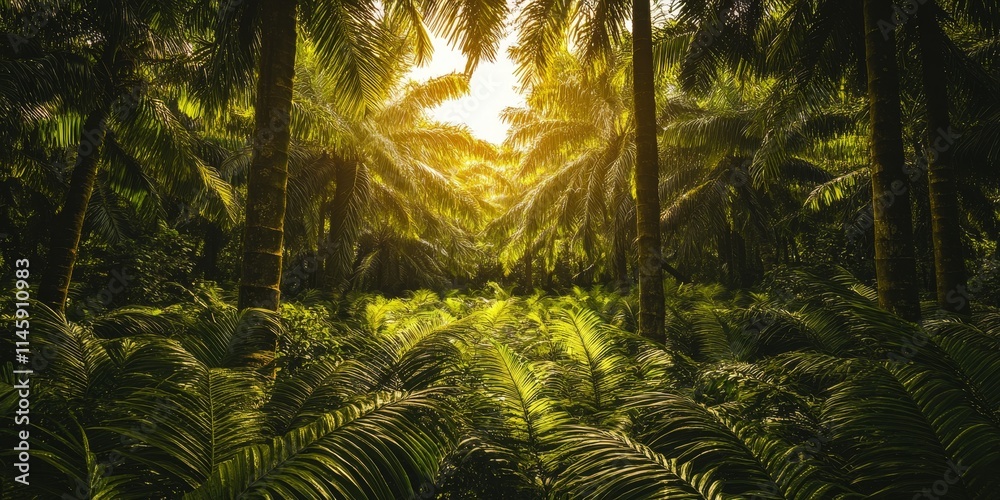 Palm oil tree thriving in a lush tropical jungle, illustrating the ...
