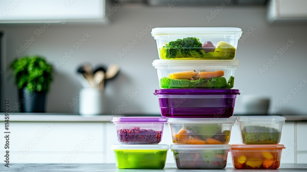 Organized plastic food storage containers stacked in minimalist kitchen ...