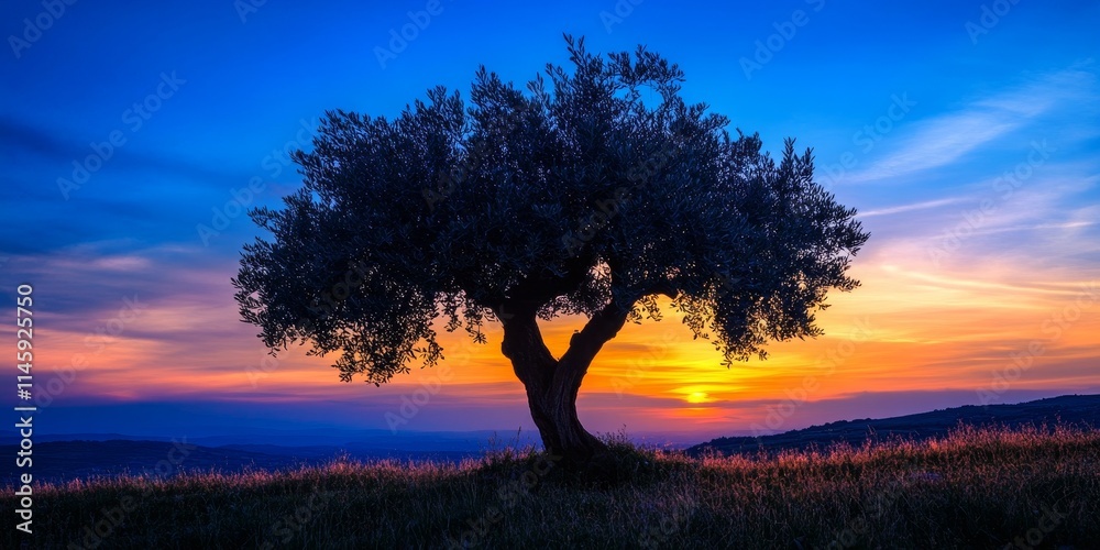 Olive tree silhouette at sunset with a vibrant blue sky backdrop ...