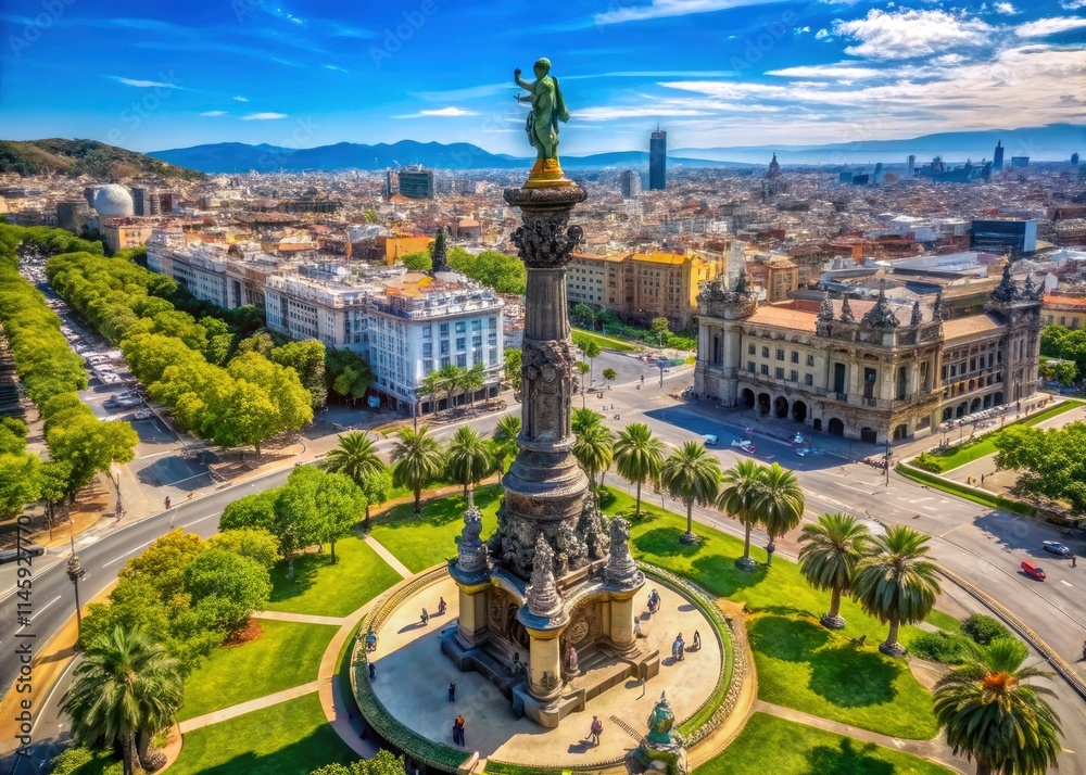 Drone captures Barcelona's iconic Columbus Monument from Mirador de ...