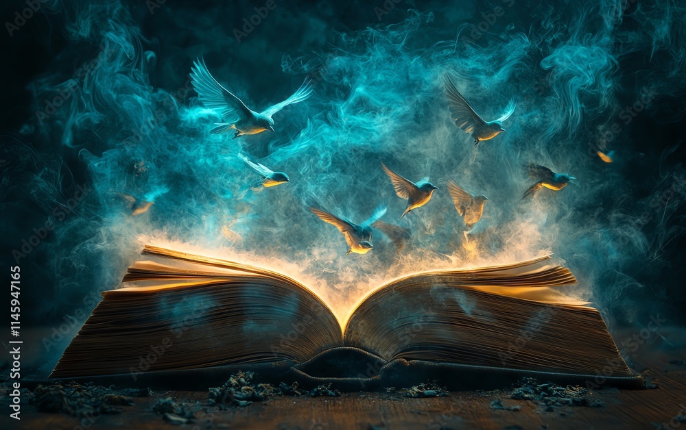 Magical open book emitting smokelike wisps that form into glowing birds ...