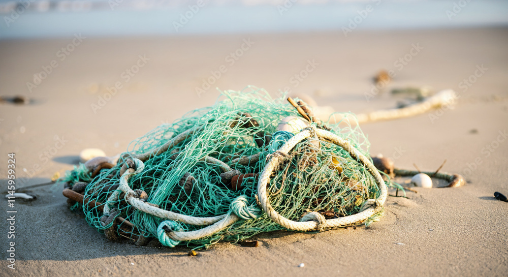 tangled fishing net with ropes and debris left abandoned on a sandy ...