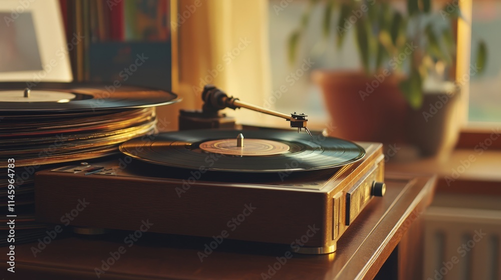 A vintage wooden phonograph, its brass horn slightly tarnished, sitting ...