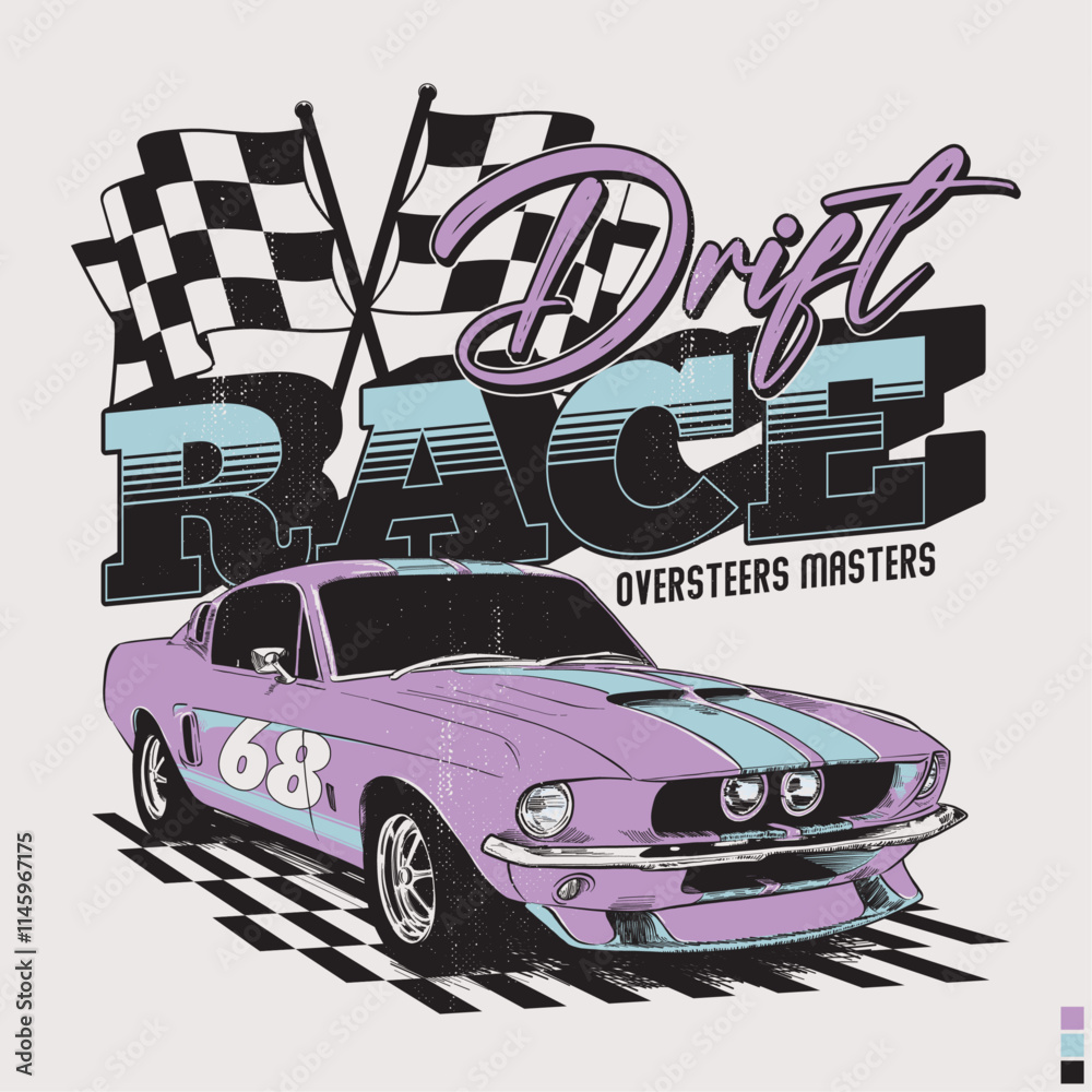 Retro racing design with slogan and classic car illustration Stock ...