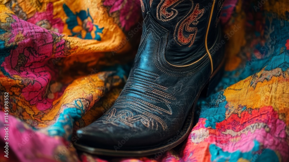 Black cowboy boot resting on a vibrant piece of fabric, showcasing the ...