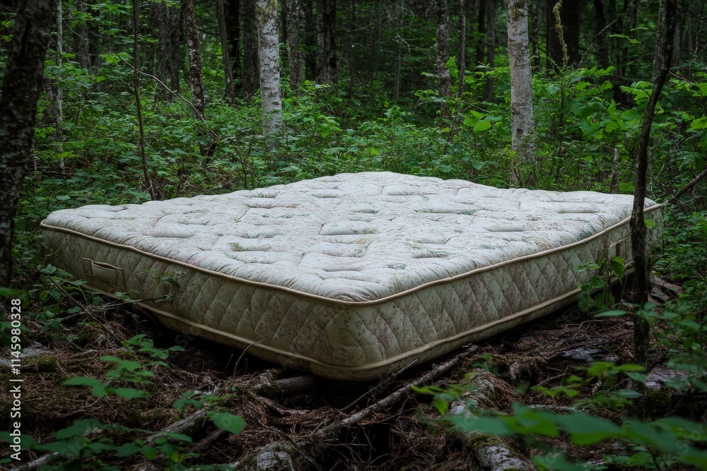 An old mattress lies abandoned in the middle of a thick forest ...