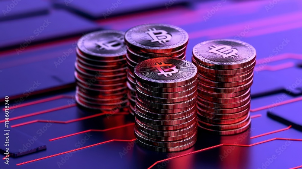 A stack of cryptocurrency coins is displayed on a circuit board ...