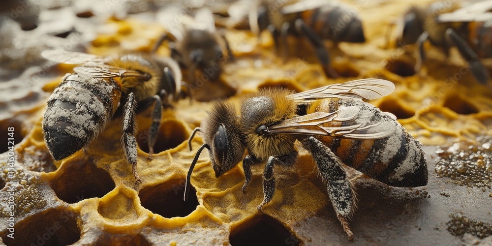 Declining beehive conditions illustrated by dead bees, covered with ...
