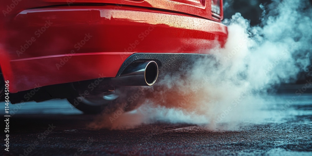 Exhaust fumes emerge from the pipe during the engine start of a red car ...
