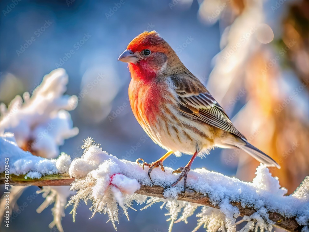 Crisp winter day, panoramic view: a scarlet house finch braves the snow ...