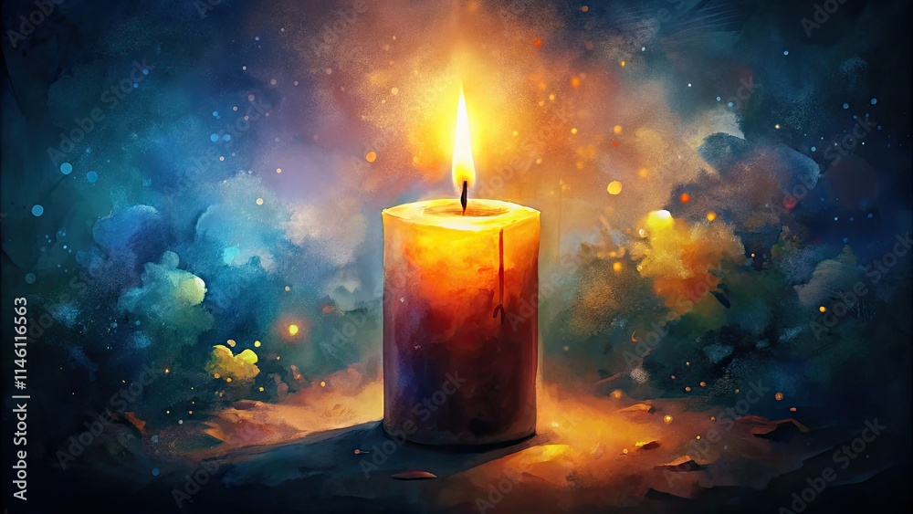 Dark candlelight casts shadows on an AI-created watercolor portrait, a ...