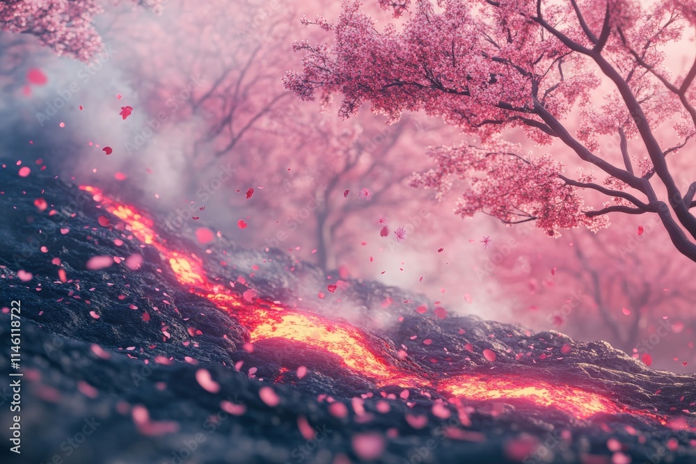 Cherry blossoms create a stark contrast against hot flowing lava ...