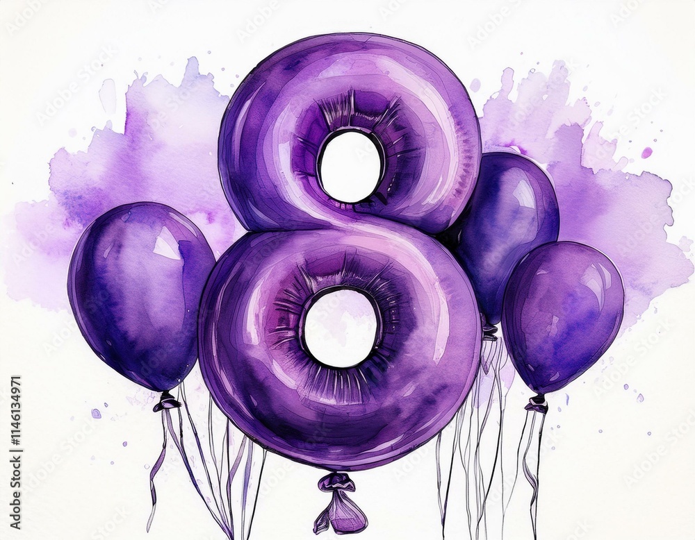Purple birthday / anniversary balloon, number 8, watercolor painting ...