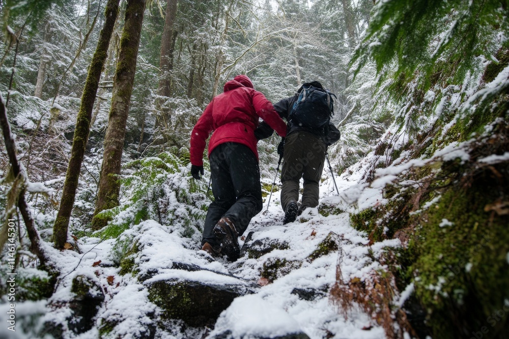 Two hikers ascend a snowy forest trail, embraced by towering trees ...