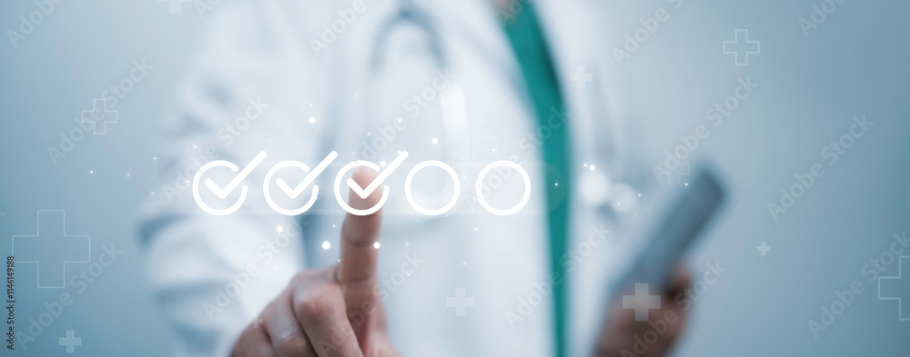 Doctor interacting with glowing checkmarks, representing quality ...