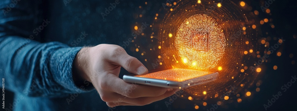Person scanning a QR code with a glowing security shield Stock ...