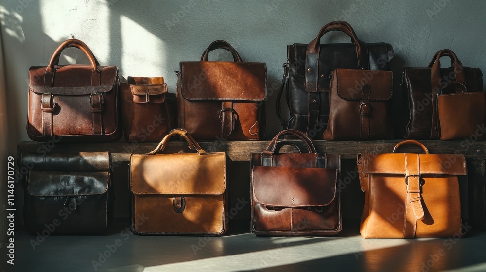 Various leather bags, such as briefcases, backpacks, and totes ...