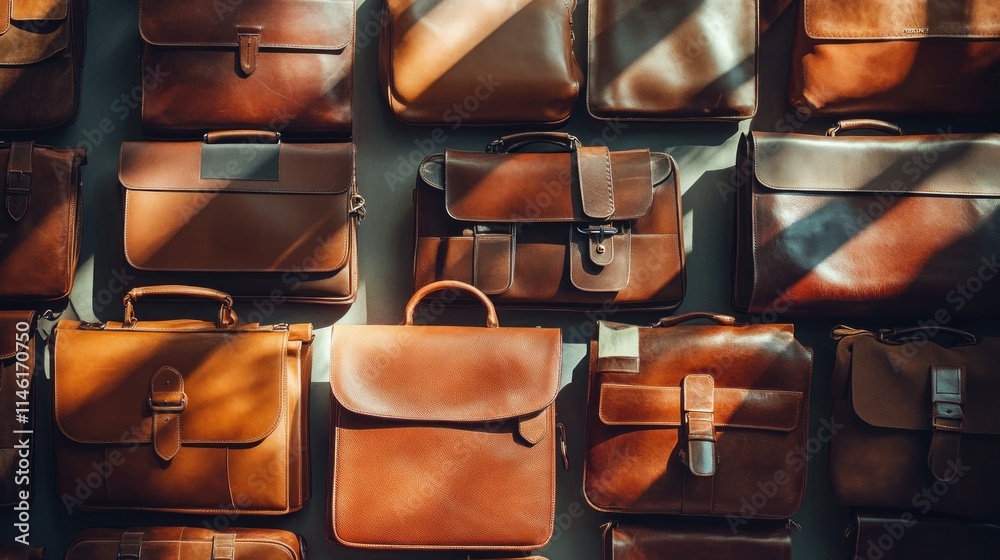 Various leather bags, such as briefcases, backpacks, and totes ...