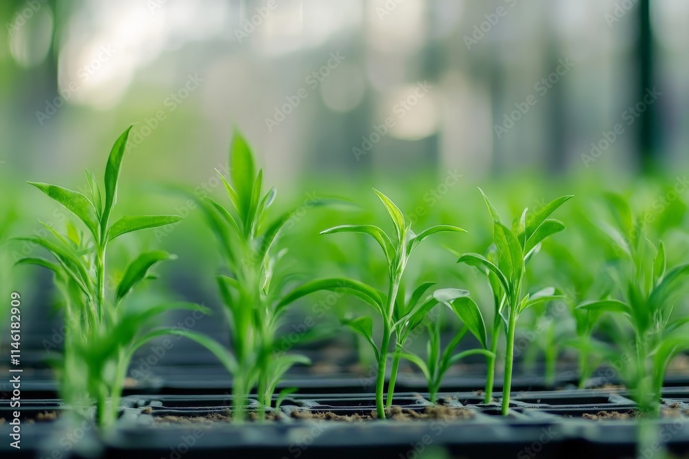 This close-up image shows rows of young green seedlings growing in ...