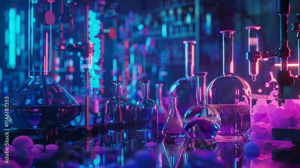 Chemical science laboratory banner with test tubes, beakers, and ...