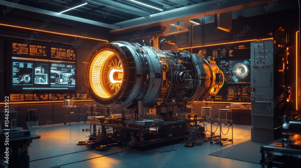 A futuristic aerospace research lab where engineers test advanced ...