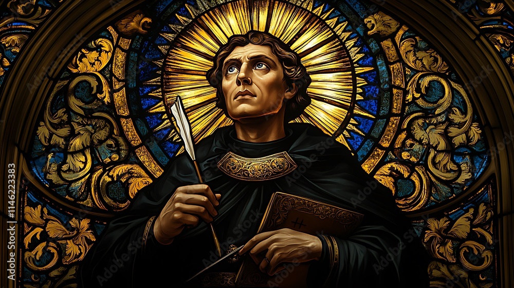 Saint Thomas Aquinas depicted in a stunning stained-glass style ...
