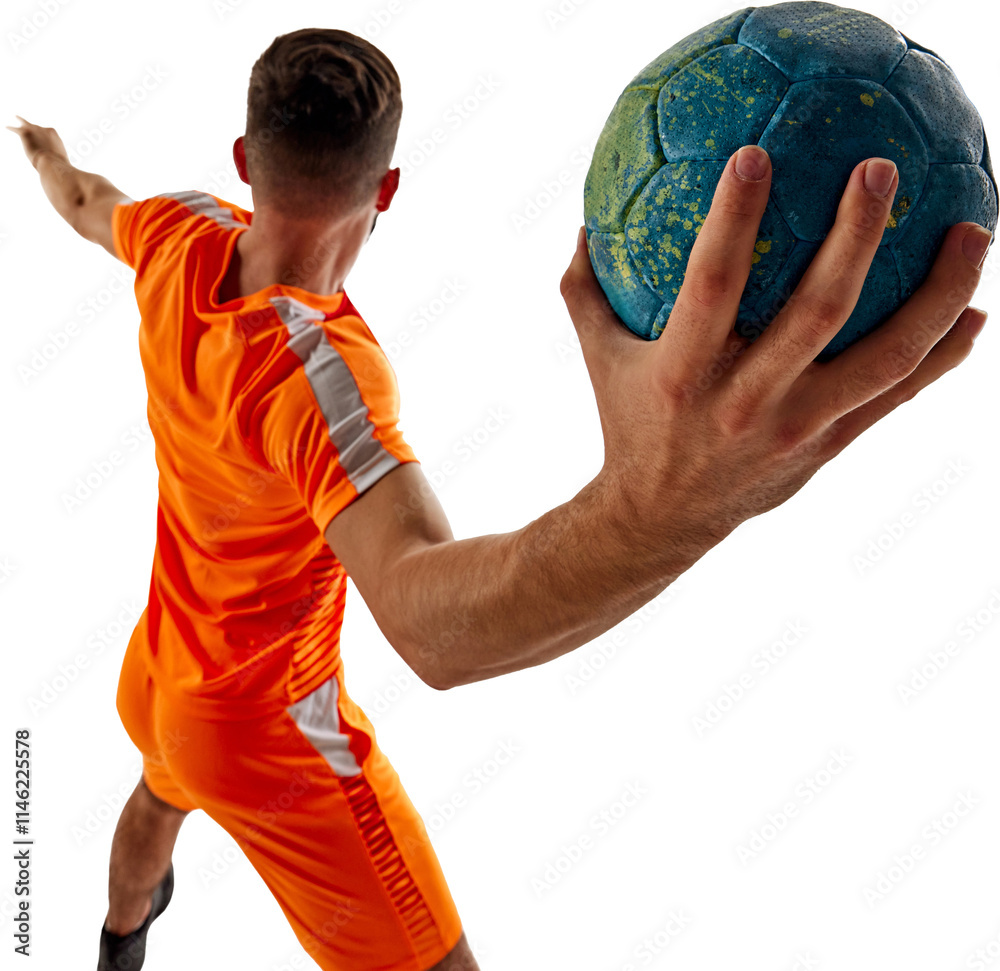 Side view dynamic image of muscular young man in orange uniform ...
