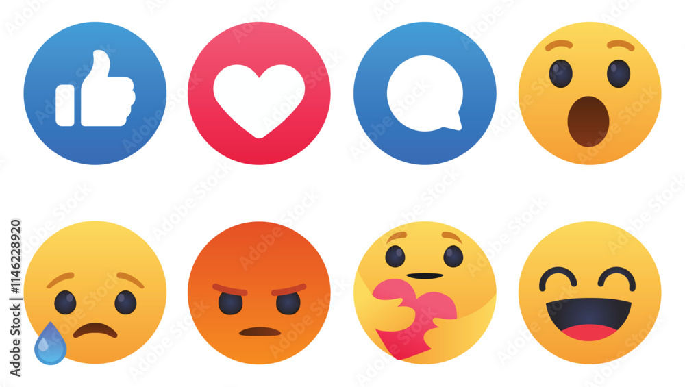 Facebook reactions. social media smiley emoji face ; thumb up icon ...