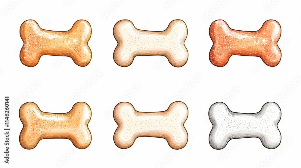 Six dog bone biscuits, various colors, white background, for pet food ...