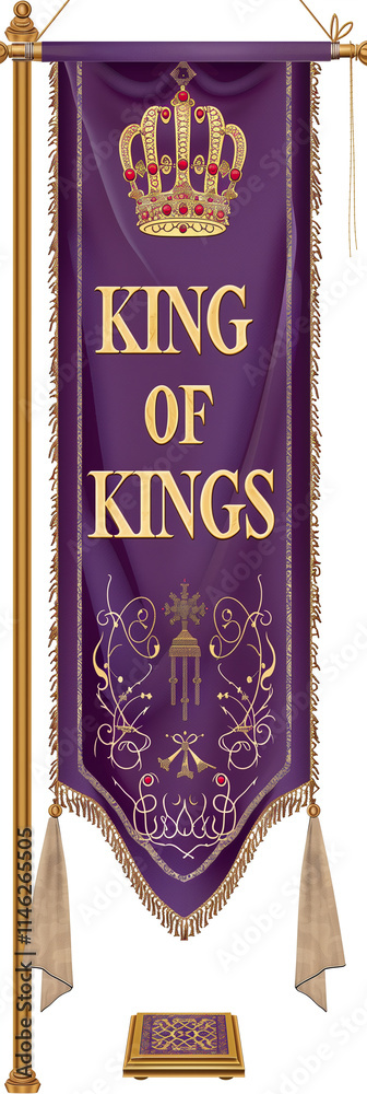 A purple banner adorned with gold trim displays the words "KING OF ...