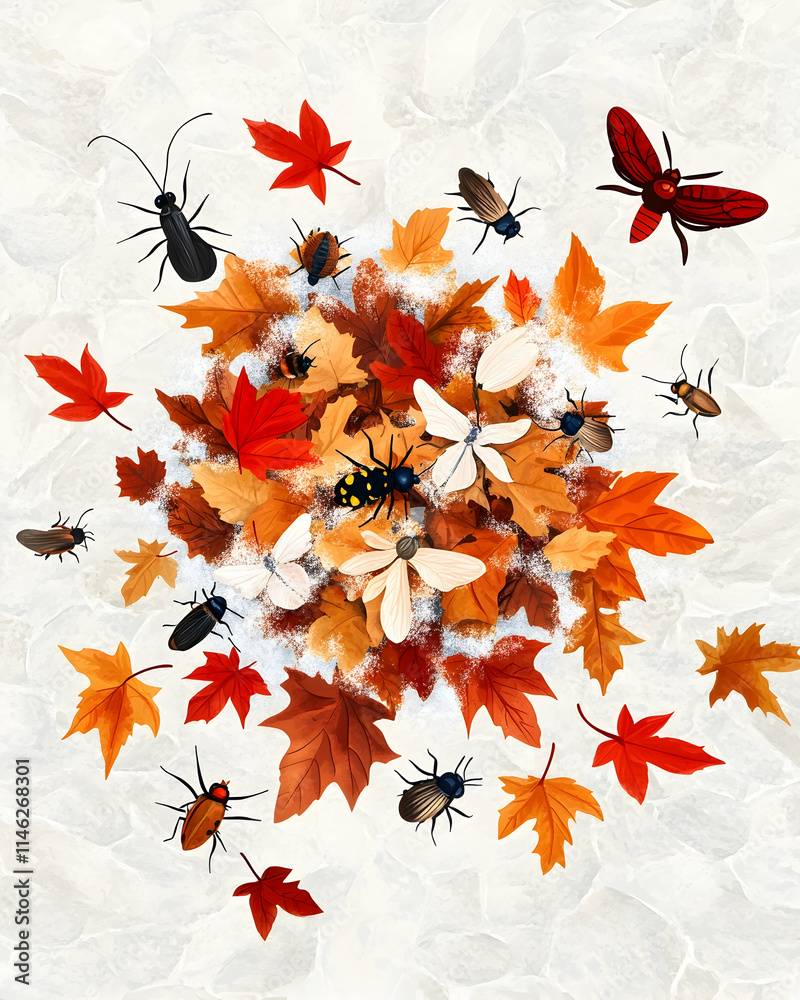 Autumn Insects on Fallen Leaves, White Background, Nature Illustration ...