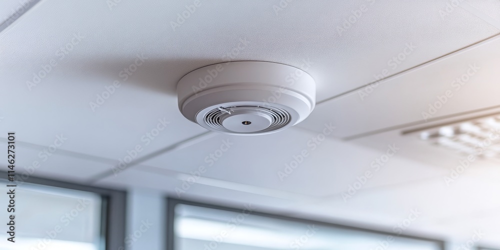 Photo Stock Smoke detector installed on a plain ceiling, showcasing a ...