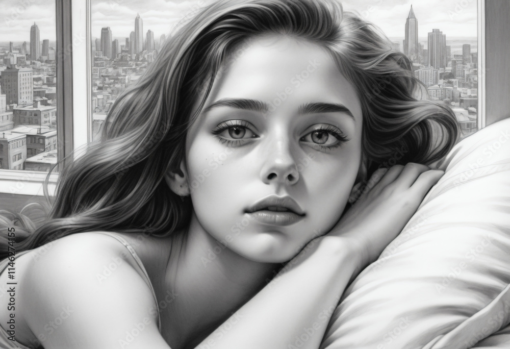 black and white pencil drawing of a woman, she is lying on a bed ...