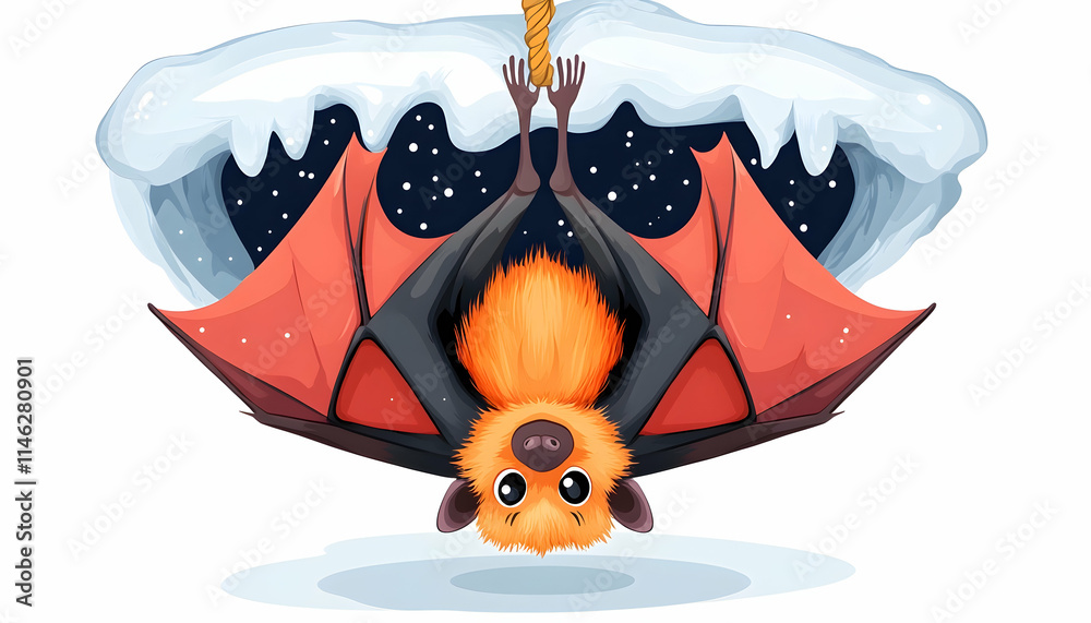 Stock-Illustration „Cute orange bat hanging upside down from snowy cave ...
