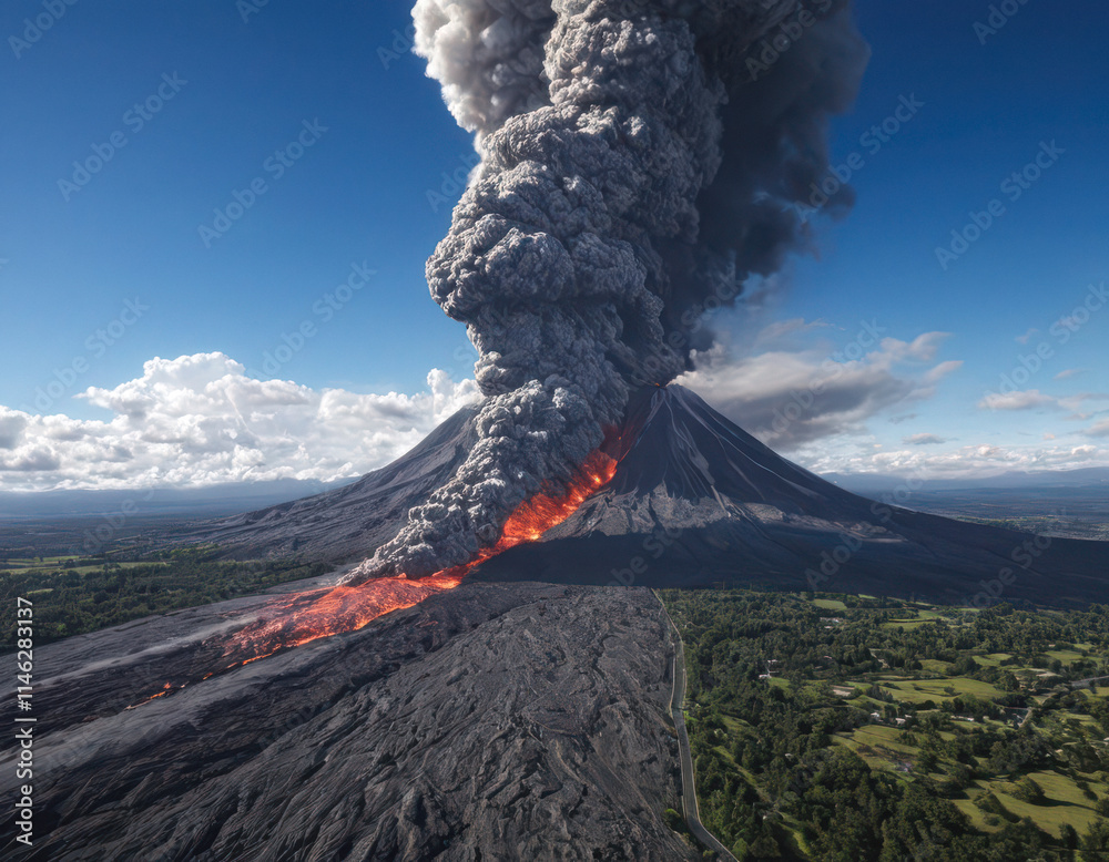 A daytime view of an active volcano with flowing lava and an ash plume ...