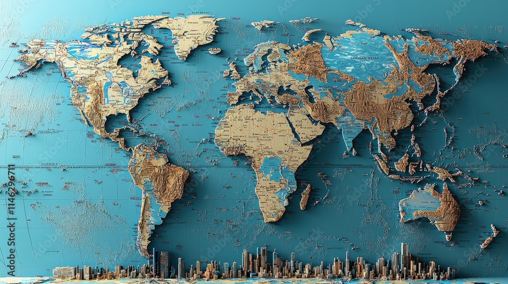 3D world map with textured continents and city skyline. Stock ...