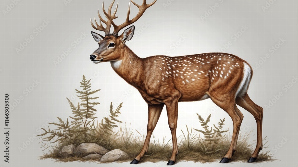 Isolated photograph of a large, full bodied, bull elk staring directly ...