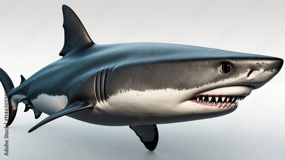 Ocean shark bottom view from below. Open toothy dangerous mouth with ...