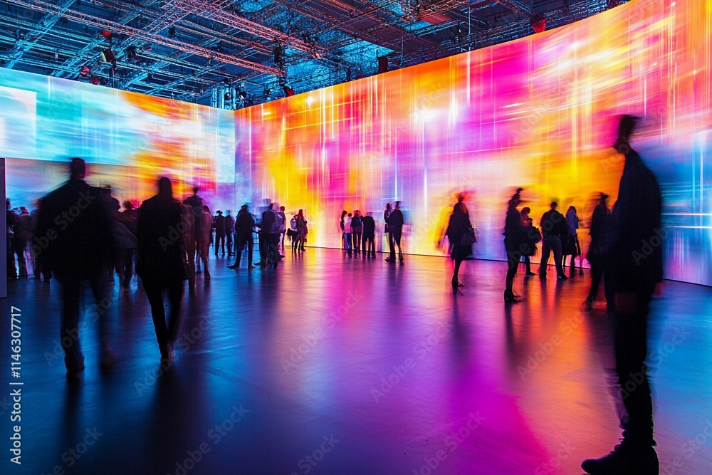 Attendees explore an immersive art installation featuring bright colors ...
