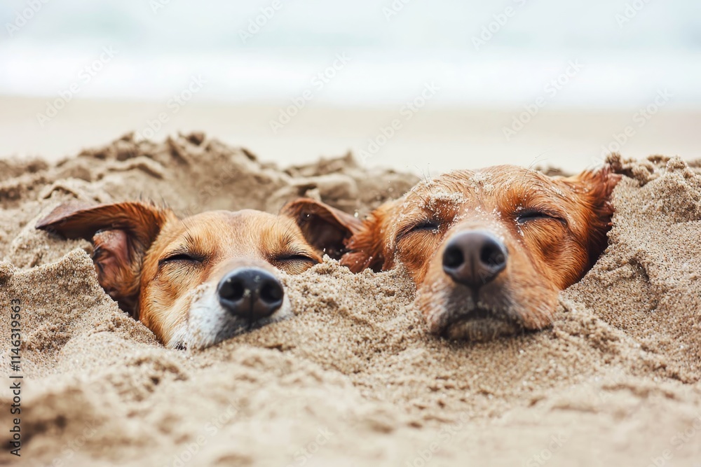 Funny couple of dogs buried in the sand at the beach on summer vacation ...