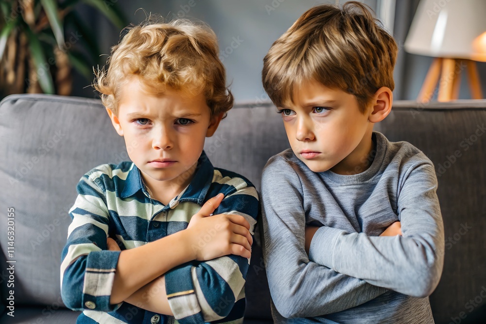Two young boys with crossed arms and upset expressions sitting on a ...
