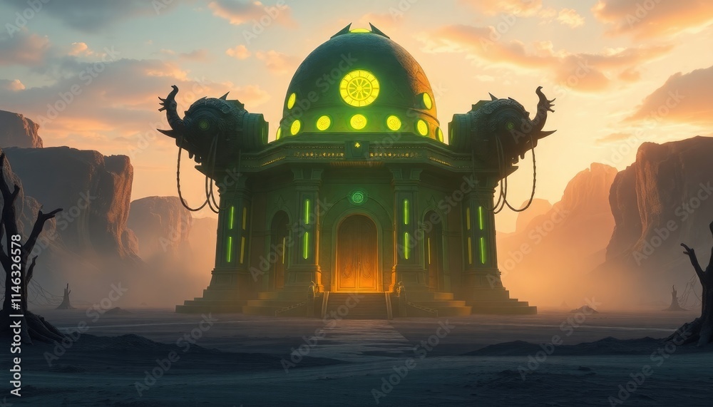 4K HD Wallpapers Alien Temple Glowing With Ancient Energy Amidst A Desolate Landscape. Desktop ...
