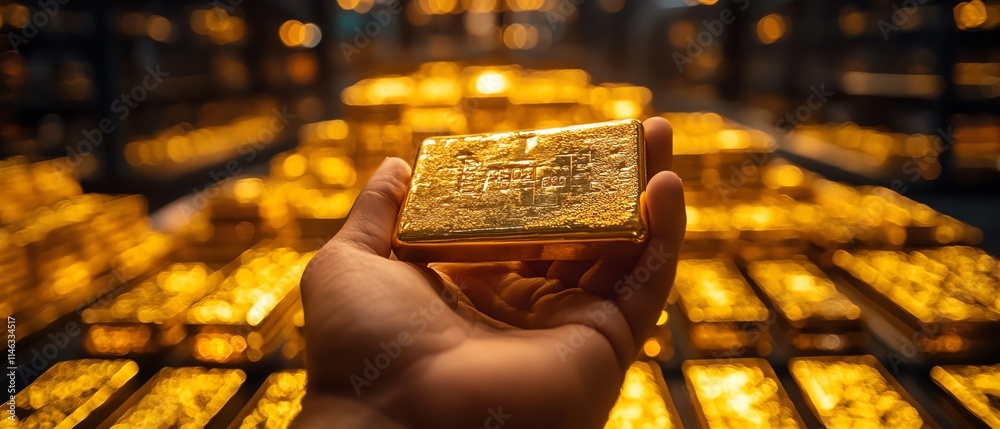 hand grasping a shiny gold bar in a lively, illuminated store ...
