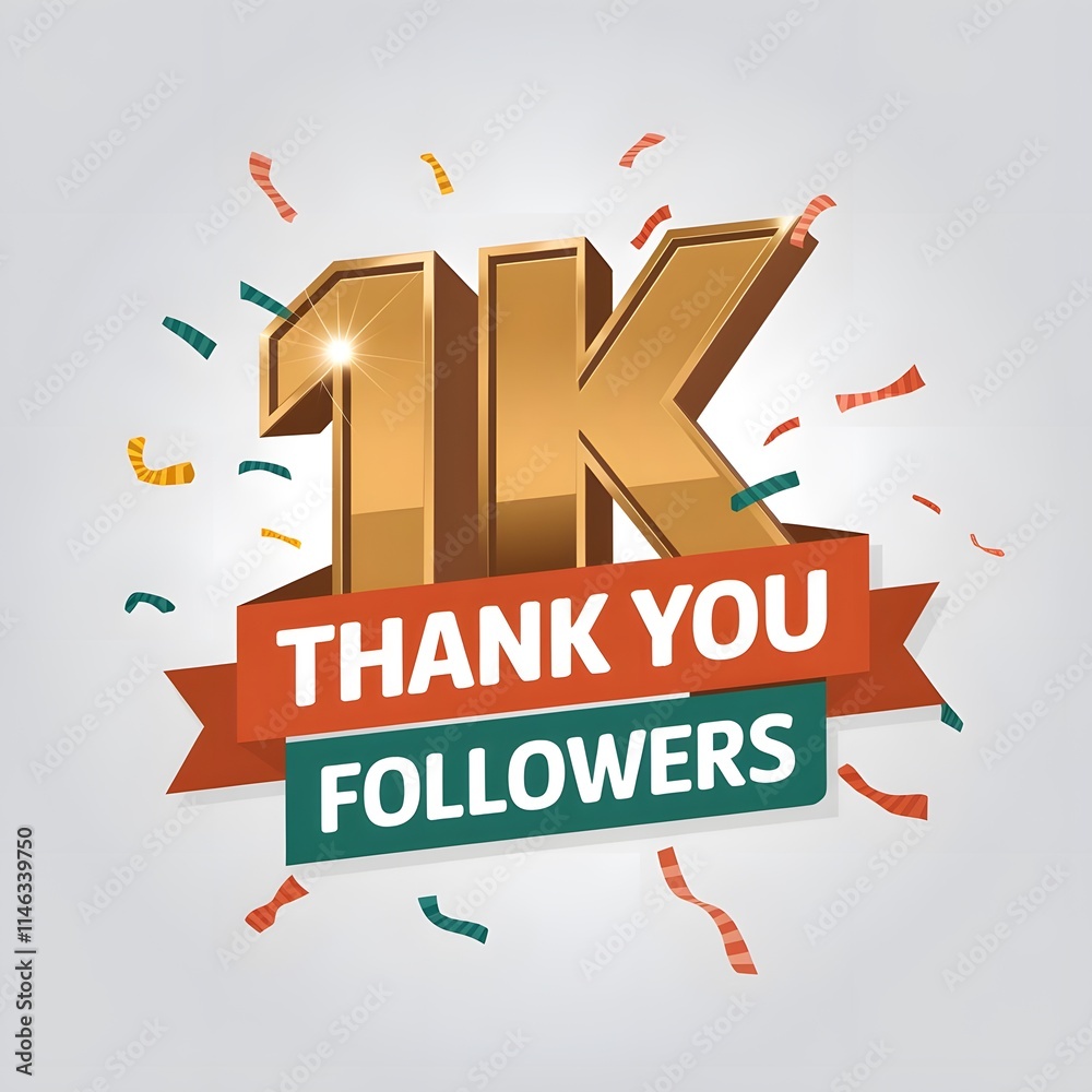 1K followers transparent background PNG image, with gold numbers. followers celebration banner ...