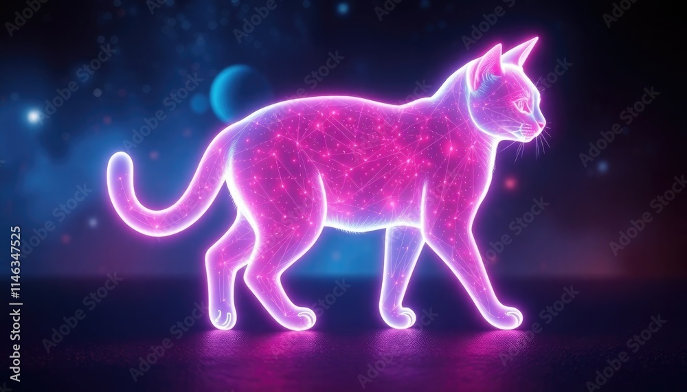 4K HD Wallpapers Holographic Cat Figure With A Neon Outline, Walking ...