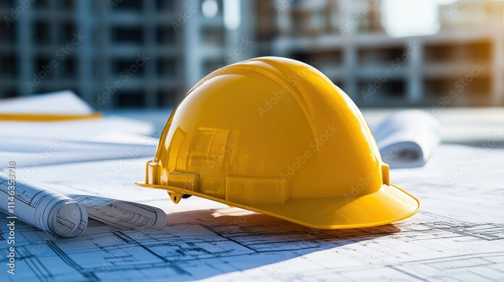 Yellow construction helmet resting on architectural blueprints ...