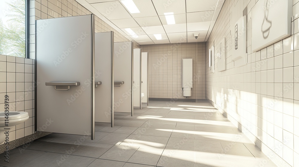 Public toilet with open cubicle door in luxury building and modern and ...
