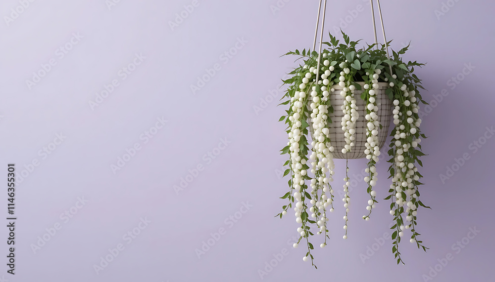 Pale lavender wall with a cascading string of pearls plant in a ...