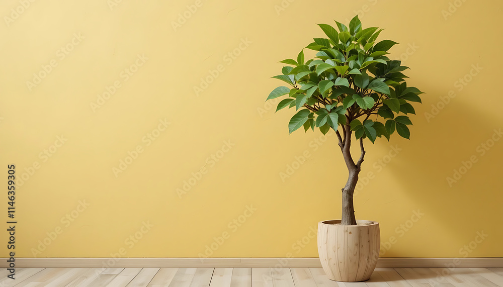 Soft yellow wall with a fiddle leaf fig tree standing tall in a natural ...