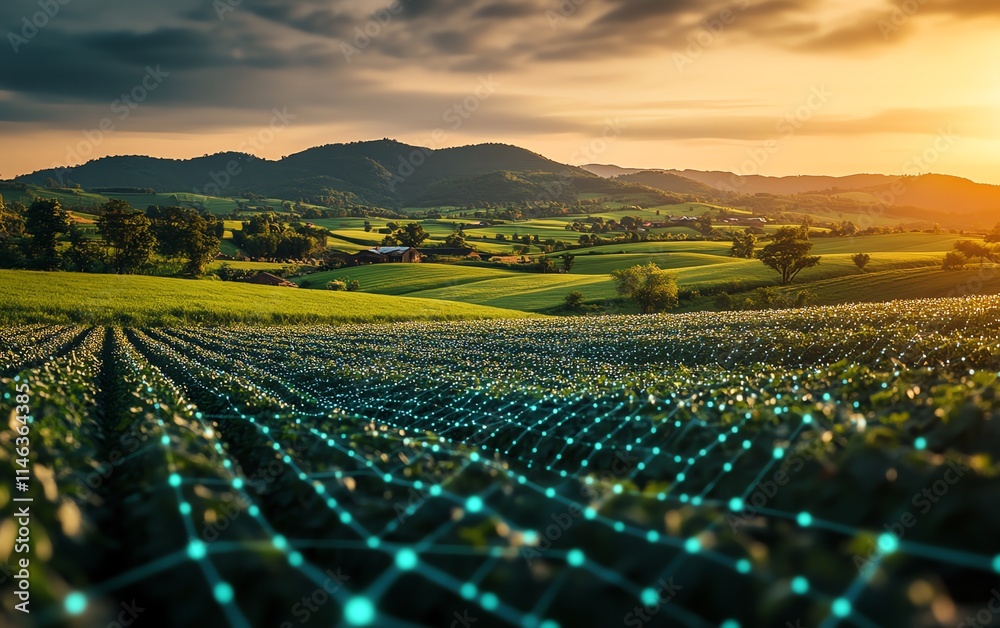 lush green countryside with digital grid overlay, symbolizing the ...